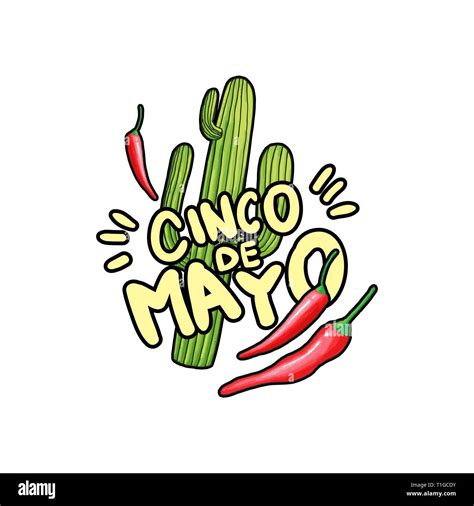Cinco De Mayo Hand Drawn Stylized Lettering Green Saguaro Cactus And