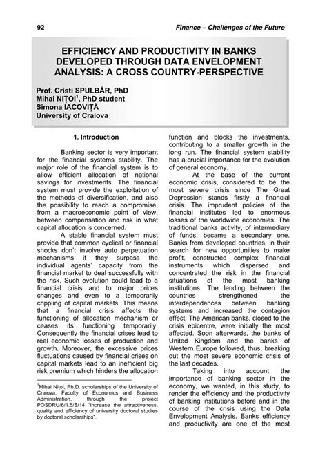 Pdf Efficiency And Productivity In Banks Developed Through Data Envelopment Analysis A Cross