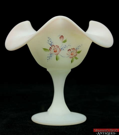 Hand Painted Fenton Pink White Satin Glass Ruffled Compote Flower