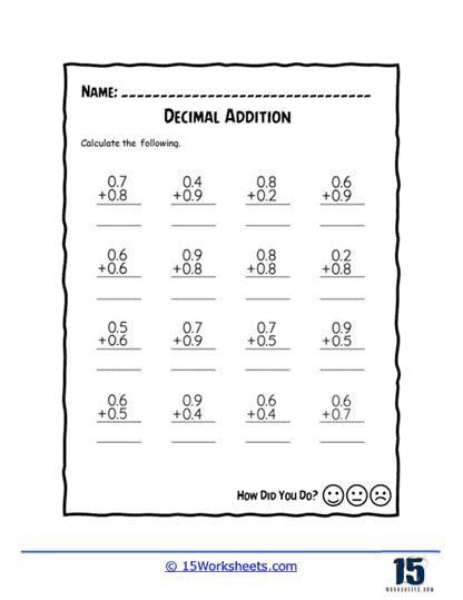 Decimal Addition Worksheets Improve Number Fluency 15