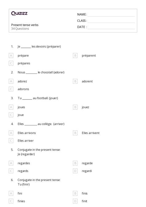 50 Present Tense Verbs Worksheets For 7th Class On Quizizz Free