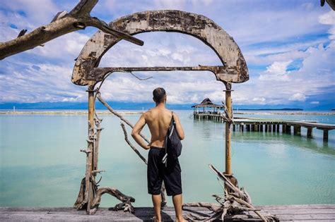 Premium Photo Rear View Of Shirtless Man Standing Against Sea