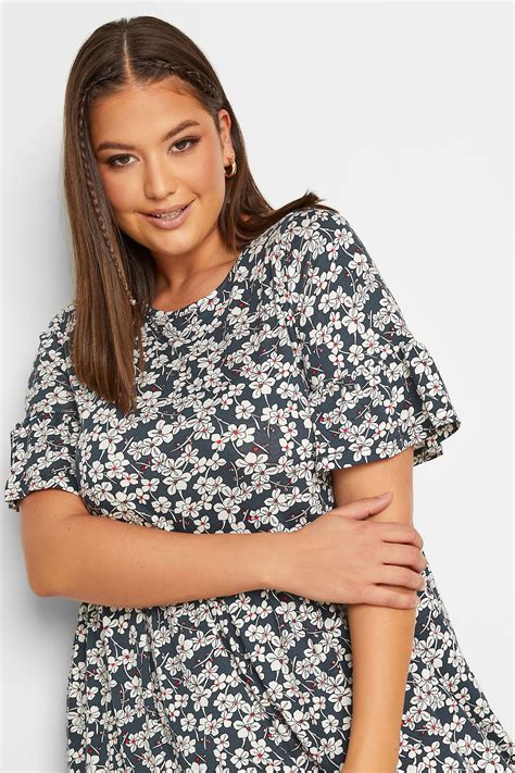 Yours Curve Plus Size Navy Blue Ditsy Floral Print Smock Tunic Dress