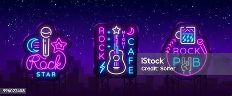록 음악 컬렉션 네온 로고 벡터입니다 바위 술집 카페 록 스타 네온 사인 개념적 기호 밝은 밤 광고 라이트 배너 라이브 음악 노래방 네온 간판 벡터 광고 판 날씨에 대한