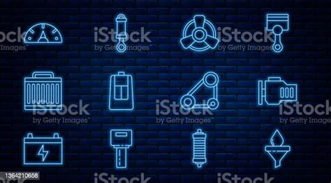 세트 라인 깔때기 및 오일 드롭 체크 엔진 자동차 모터 환기기 원격 라디에이터 냉각 시스템 속도계 타이밍 벨트 키트 및 충격 흡수 아이콘키 벡터 엔진에 대한 스톡 벡터 아트