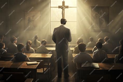 Catholic School Classroom Teacher Standing In Front Of Cross Symbol