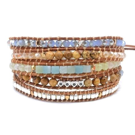 Natural Amazonite And Jasper Leather Wrap Bracelet