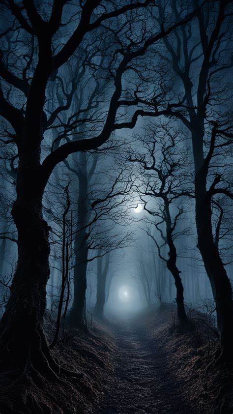 A Haunting Nighttime Forest Scene For A Wallpaper With A Dar By