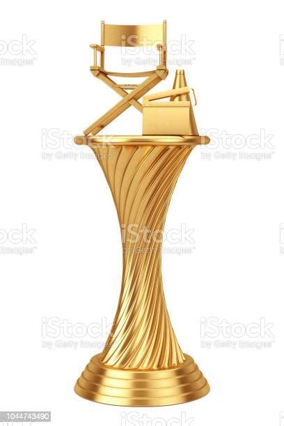 영화 상 개념입니다 골든 수상 트로피 감독의 자 영화 추 고 확성기 3 차원 렌더링 성취에 대한 스톡 사진 및 기타 이미지