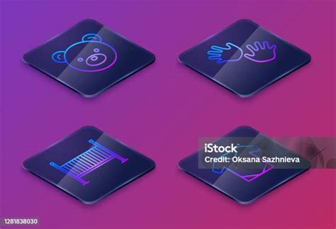 세트 이소메트릭 라인 테디 베어 봉제 인형 아기 침대 요람 침대 아기 손 인쇄 및 아기 Onesie 파란색 정사각형 버튼 벡터 3차원 형태에 대한 스톡 벡터 아트 및 기타