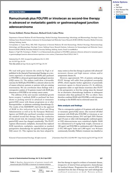 Pdf Ramucirumab Plus Folfiri Or Irinotecan As Second Line Therapy In Advanced Or Metastatic