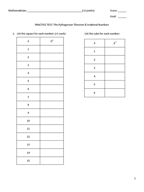 Pythagorean Thm And Irrational Numbers Practice Test Pdf Elementary
