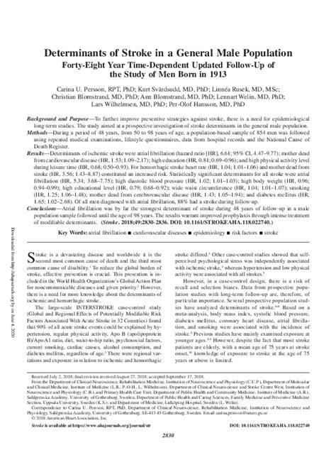 Pdf Determinants Of Stroke In A General Male Population