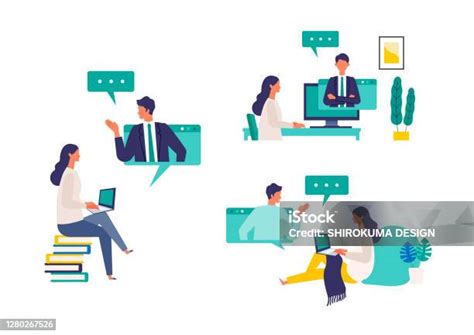 원격 작업 온라인 클래스 원격 회의를위한 개념 재택 근무 시스템을 통해 통신을 하는 사람들의 벡터 일러스트레이션입니다 일러스트레이션에 대한 스톡 벡터 아트 및 기타 이미지
