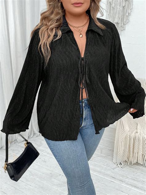 Shein Essnce Plus Tie Front Flare Sleeve Lettuce Hem Shirt Shein Usa
