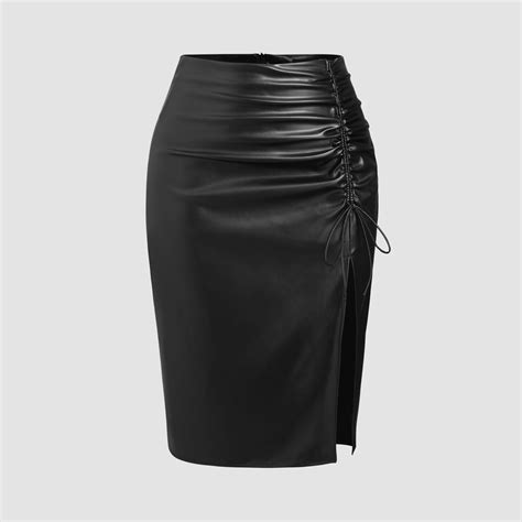 Cider Curve And Plus Pu High Waist Drawstring Split Maxi Skirt