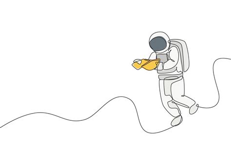 Single Continuous Line Drawing Of Floating Science Astronaut In Spacewalk Reading Space Map