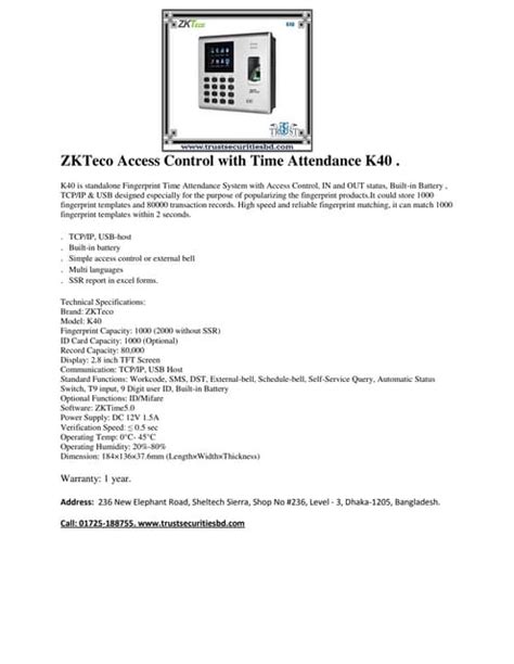 zk teco access control with time attendance k40 pdf