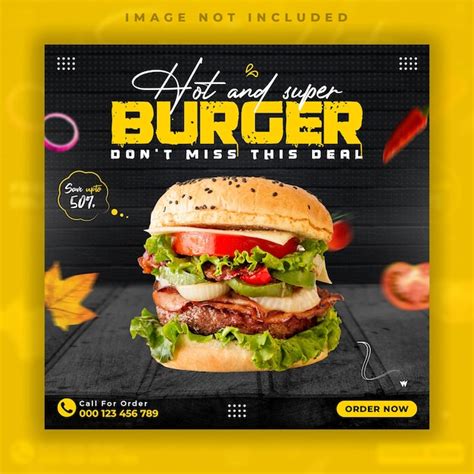 맛있는 버거와 음식 메뉴 소셜 미디어 포스트 배너 템플릿 프리미엄 Psd 파일