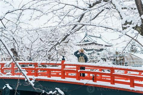 Woman Tourist Sightseeing Hirosaki Castle In Winter Happy Traveler