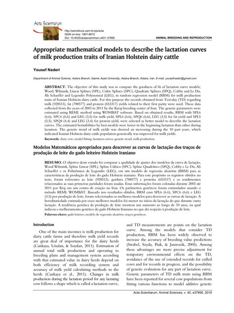 Pdf Appropriate Mathematical Models To Describe The Lactation Curves Of Milk Production Traits