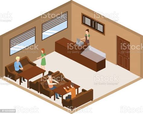 바리 스타와 웨이터 서빙 방문자 아이소메트릭 벡터 일러스트 레이 션 갈색 색조에 커피숍 카페 인테리어 아이소메트릭 배너 3차원 형태에 대한 스톡 벡터 아트 및 기타 이미지
