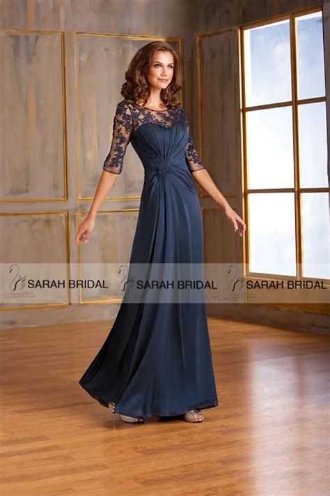 Navy Blue Long Mother Of The Bride Dresses With Half Sleeves Illusion