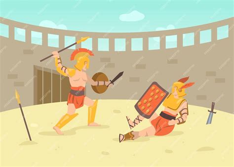 투기장에서 칼을 들고 싸우는 두 명의 로마 기갑 전사 만화 그림 고대 로마 그리스의 콜로세움 전장에서 검투사 싸움 고대