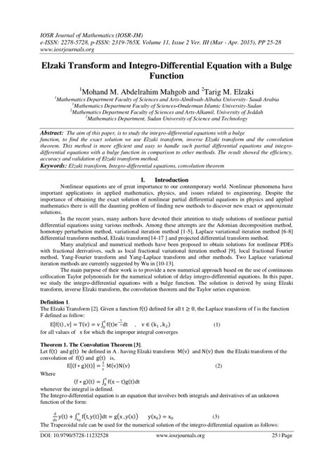 Pdf Elzaki Transform And Integro Differential Equation With A Bulge Function