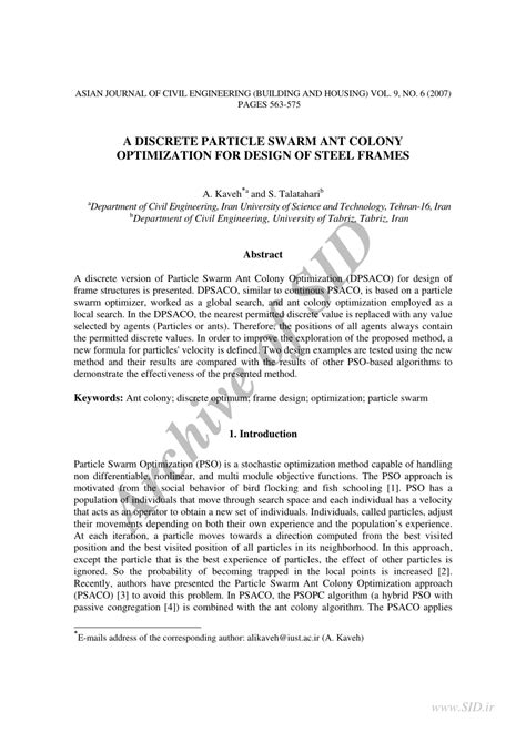 Pdf A Discrete Particle Swarm Ant Colony Optimization For Design Of Steel Frames
