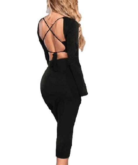 Women Sexy Criss Cross Back Long Sleeve Bodycon 2pcs Bandage Midi Dress