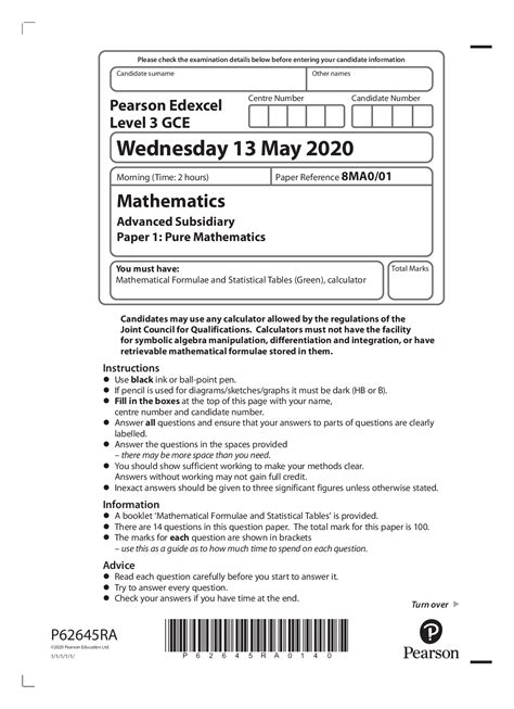 Pearson Edexcelfurther Mathematics8ma001 Question Paper And Mark