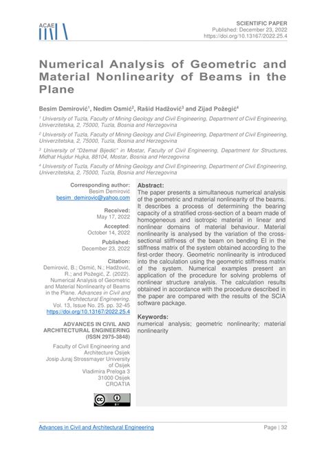 Pdf Numerical Analysis Of Geometric And Material Nonlinearity Of Beams In The Plane