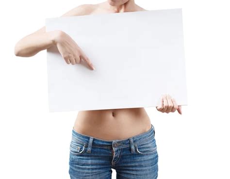 Naked Woman Holding Empty White Blank Board Stock Photo Undrey