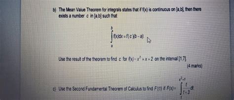 solved b the mean value theorem for integrals states that