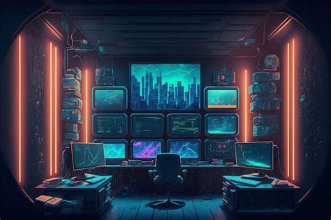 Premium Photo Room Filled With Lots Of Computers And Monitors Generative Ai
