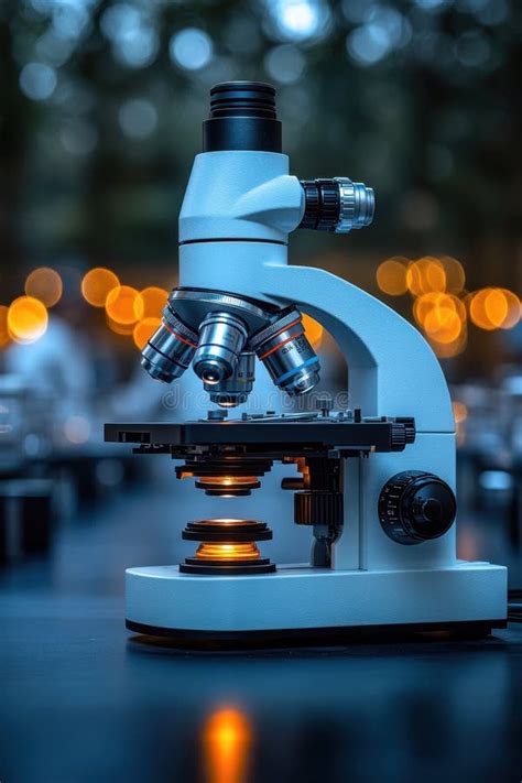 A White Professional Microscope Stands On A Table In A Scientific