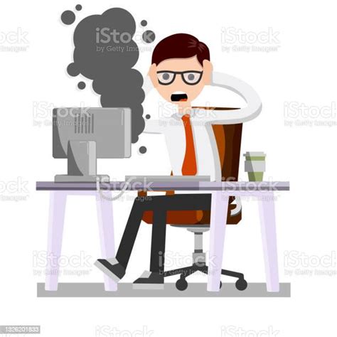 겁에 질린 사무직 근로자가 소리를 지르고 모니터를 바라보며 머리를 들고 있습니다 사무실에 대한 스톡 벡터 아트 및 기타 이미지