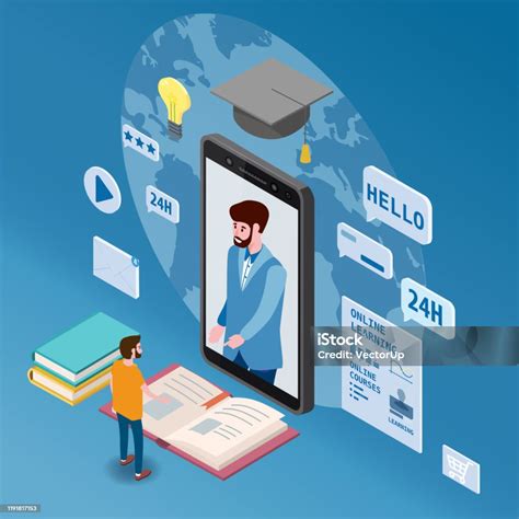 온라인 코칭 교육 교육 워크샵 및 과정 플랫 3d 아이소메트릭 디자인 학생 스마트폰으로 공부하는 학생 책 아이콘 세트와 멘토 마스터 클래스의 더미 벡터 일러스트레이션 분리