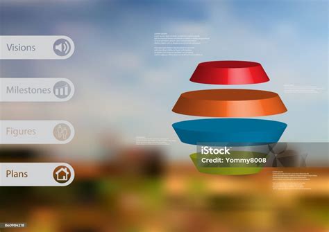 라운드 육각형의 모티브로 3d 그림 Infographic 템플릿 간단한 기호 및 텍스트 바에 측면에 4 개의 색상 조각 가로 분할 흐리게 사진 배경으로 사용입니다 0명에