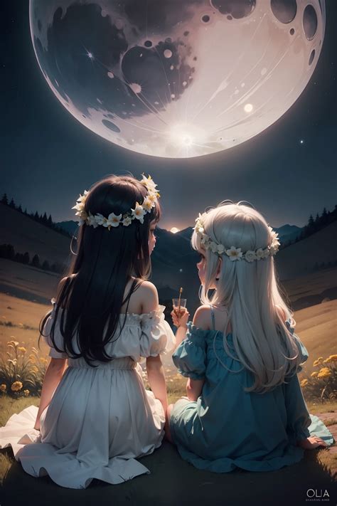 두 소녀가 땅에 앉아 달을 바라보고 있다 Seaart Ai