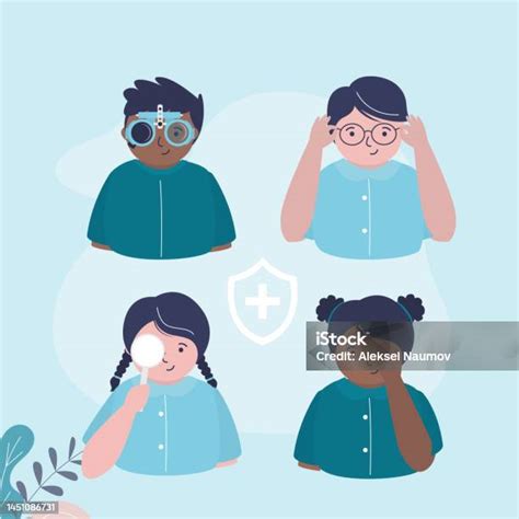 작은 다민족 아이들은 시력을 검사합니다 안과 의사의 어린이 시험 세트 시력 검사를위한 도구 안과 시력 검사 건강 관리 어린이