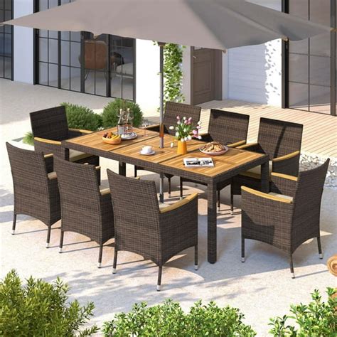 Costway 9 Pcs Outdoor Dining Set With Acacia Wood Table Top Patio