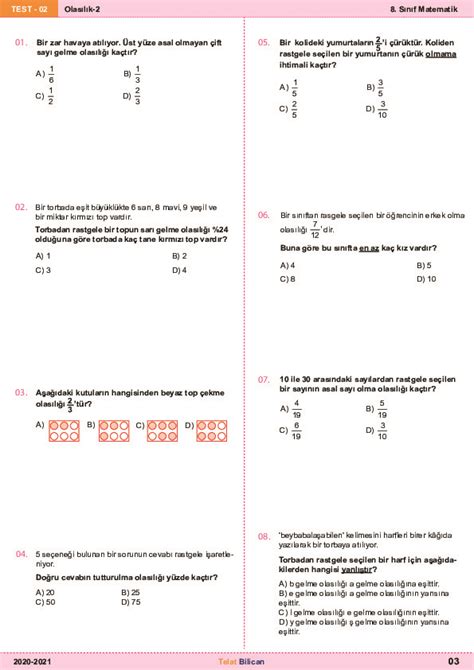 S N F Matematik B Test Olas L K Yaprak Test Derslig