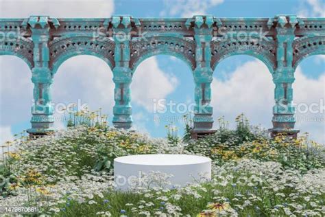 Abstact 3d는 봄 장면과 자연 배경 다채로운 꽃과 잔디밭 배경 로마 아치 구름 및 하늘에 돌 연단을 렌더링하여 제품 디스플레이 광고 화장품 등을 제공합니다 3차원