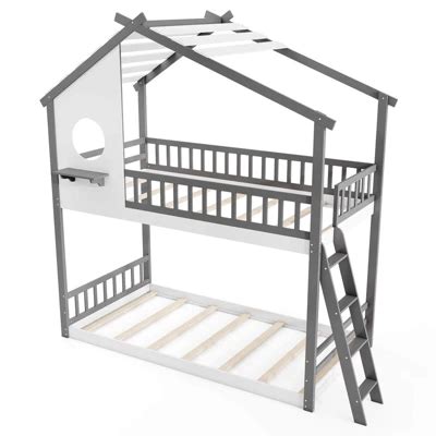 Costway Twin Over Twin House Bunk Bed With Roof Ladder And Full Length