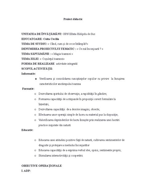 Proiect Didactic Toamna Proiect Didactic Unitatea De ÎnvĂŢĂmÂnt Gpn