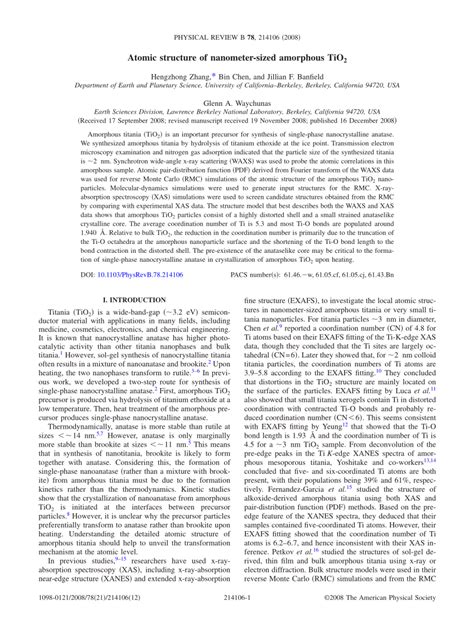 Pdf Atomic Structure Of Nanometer Sized Amorphous Tio2