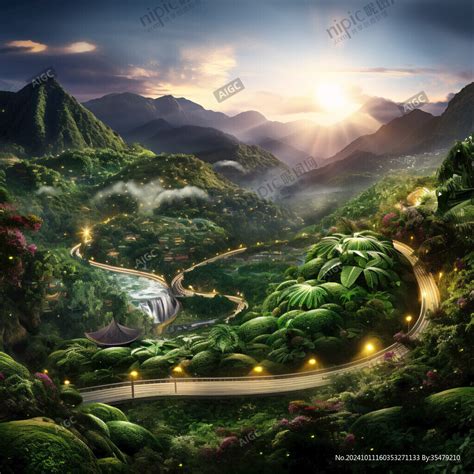 AI创作图梦幻仙境地产户外 山水画合成图 梦幻森林地产素材图片 山坡公路弯道 梦幻虚拟海报 曲折公路蜿蜒公路 高速风景画 梦幻山水风光装饰画