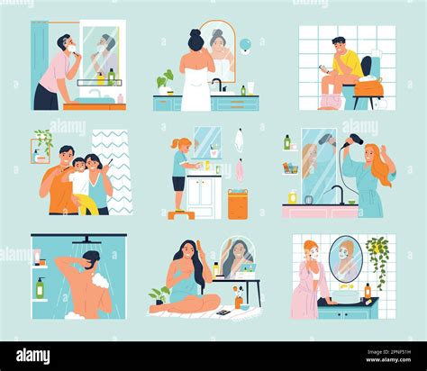 Daily Hygiene Routine Icons Set With People In Bathroom Isolated Vector Illustration Stock